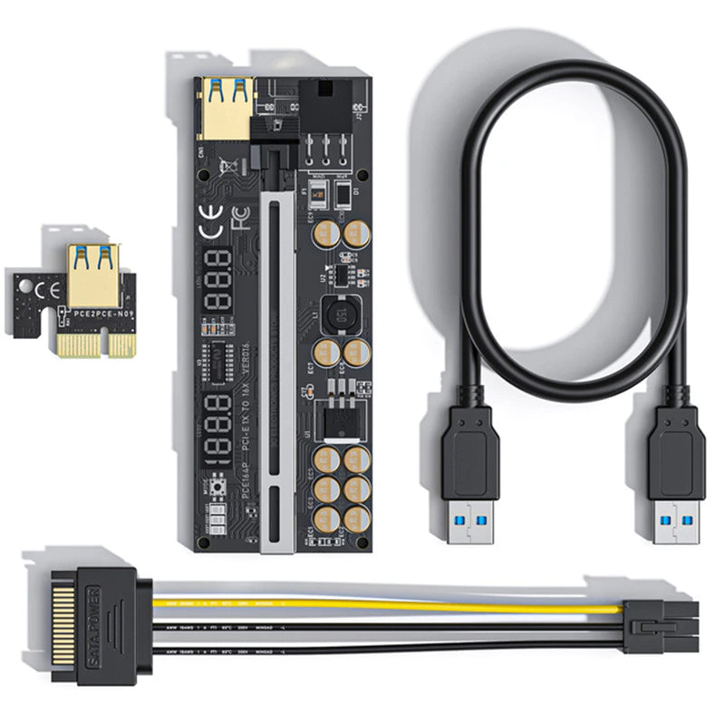 PCIe Riser Card - VER016 PRO - 12V - 6PIN, 10x Gold Solid Caps, 3x LED – hashrate